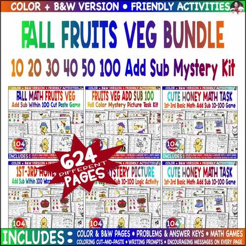 Fall Fruits Veg & Honey Add Sub 10-100 Color Mystery Picture Bundle ...