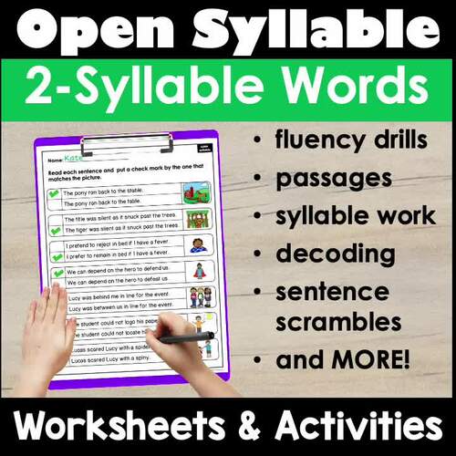 Open Syllable 2 syllable Words Worksheets Fluency | Orton Gillingham