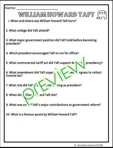 William Howard Taft US President Study Guide & Worksheet Coloring and ...