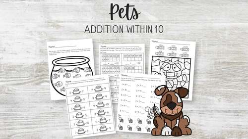 Math Addition within 10 * Pets Themed Morning Work * Worksheets * Homework