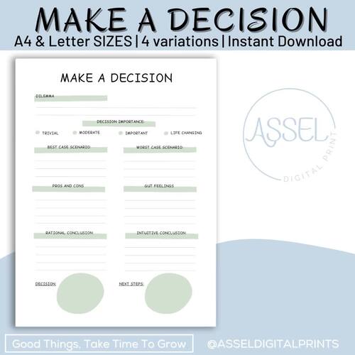 Make a Decision Aid Printable Worksheet Journal Inserts Planner ...