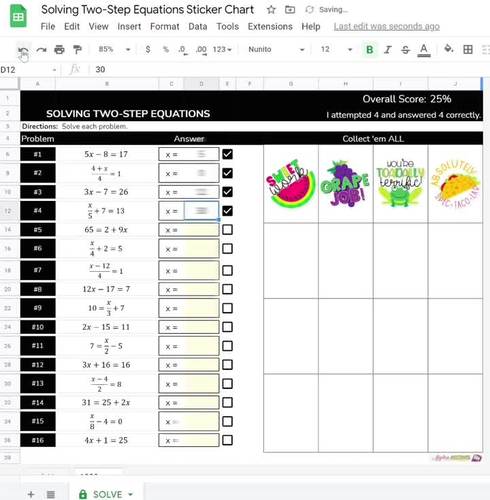 GOOGLE SHEETS Solving Two Step Equations DIGITAL STICKER CHART | TPT