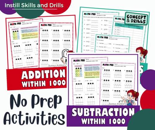 Number Sense, Add and Subtract to 1000 Guided Practice Worksheets BUNDLE