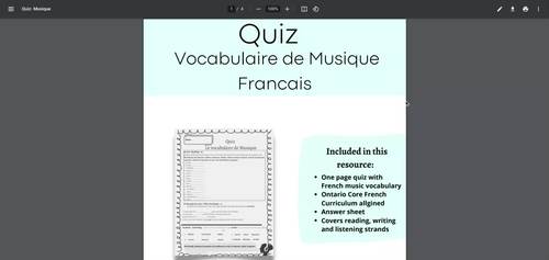 Le Vocabulaire de Musique Quiz || Manie Musicale || Core French | TpT
