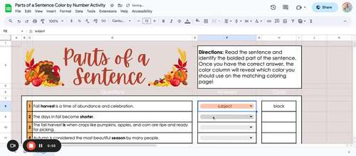 Fall Parts of a Sentence Color-by-Number Activity for Secondary ELA