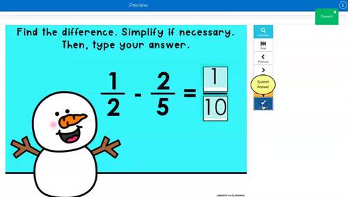 BOOM Cards™ Winter Subtracting Fractions with Unlike Denominators