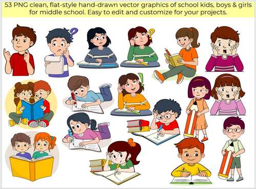 School Kids Vector Clipart 3, 53 PNG + Editables, Children Clipart
