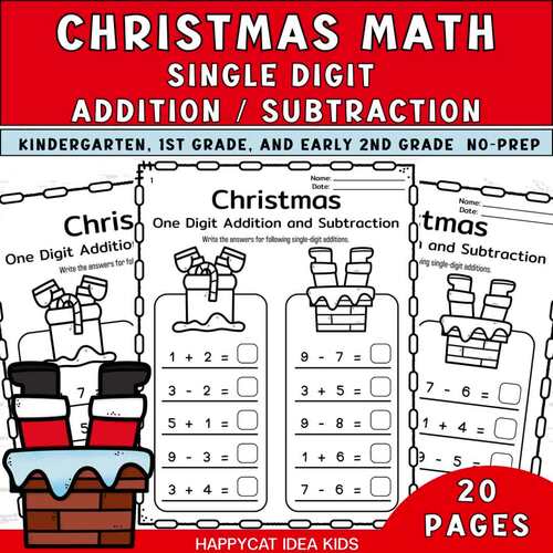 Christmas Math Single Digit Addition and Subtraction Worksheet | No ...