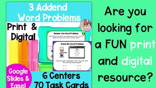 3 Addends Word Problems | 6 Low-Prep Centers | Digital and Print | 1.OA.2