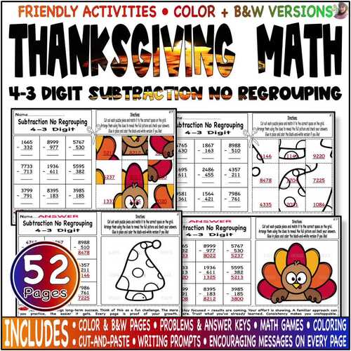 Subtraction 4-3 Digit without regrouping | Thanksgiving Activities Now ...