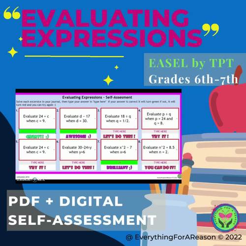 Evaluating Algebraic Expressions Self-checking PDF + EASEL | TPT