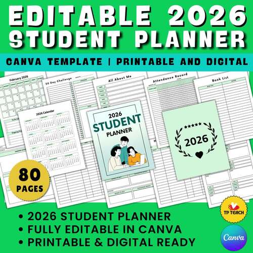 2026 Student Planner | Editable Canva Template | Academic Agenda ...