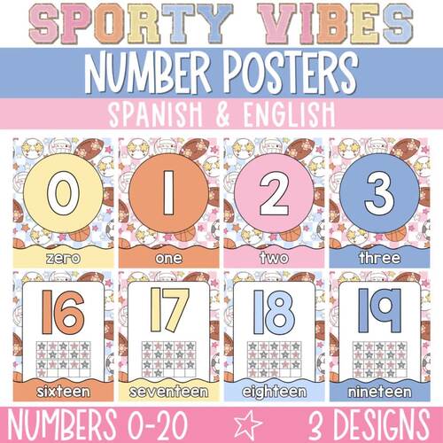 Pastel Sports Number Posters, Number Posters with Ten Frames, Spanish ...
