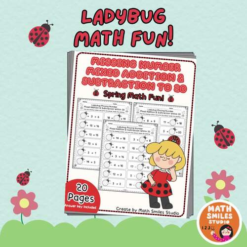 Ladybug Mixed Missing Number Addition & Subtraction to 20 Worksheets ...