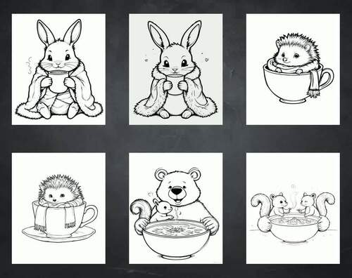 Cute Animal Characters in Cozy Hygge Moments Coloring Pages | TPT