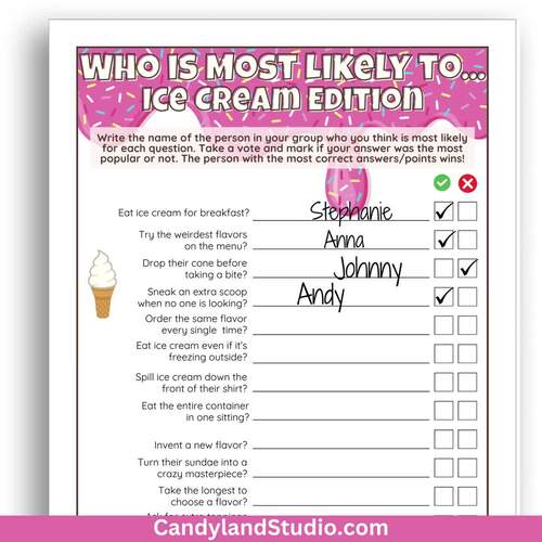 Ice Cream Social Who is Most Likely Back to School End of Year Silly ...