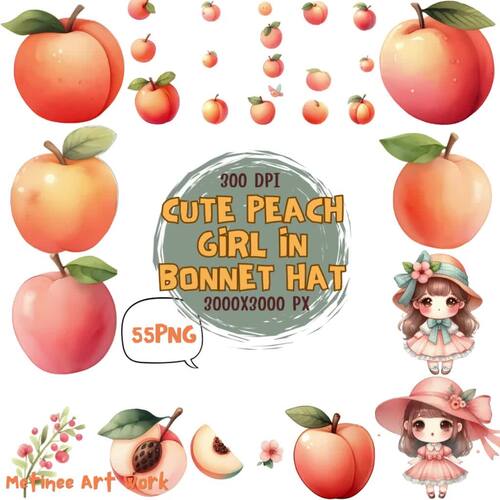 Cute peach girl in bonnet hat(A0373)Clipart Adorable Peach-Themed ...