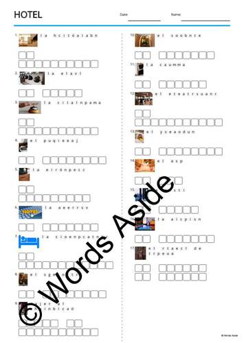 Spanish Vocabulary Writing Spelling Worksheets Card Crossword Anagram HOTEL