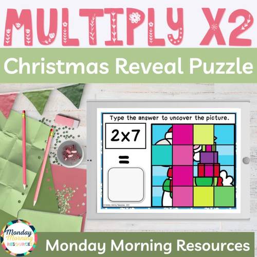Boom Cards™ Christmas Reveal Puzzle - Multiply x2 - Distance Learning