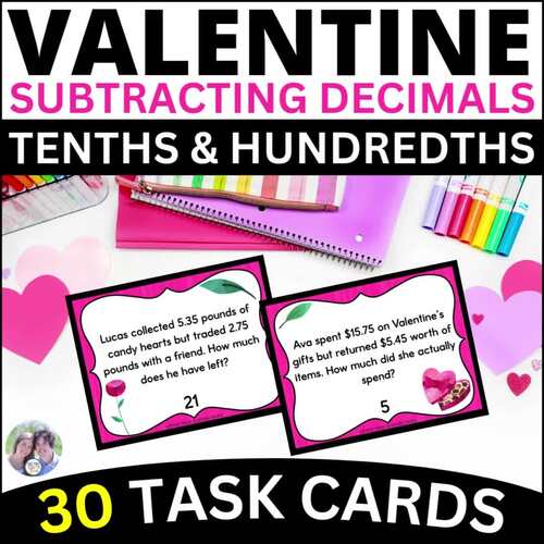 Valentine's Day Subtracting Decimals Math Word Problems Task Cards ...