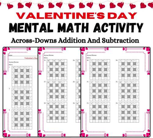 Valentines day Mental Math Across-Downs Puzzle Addition & Subtraction ...