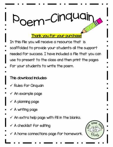 Poetry Writing Activity- Cinquain by DogGoneGood4Kids | TPT