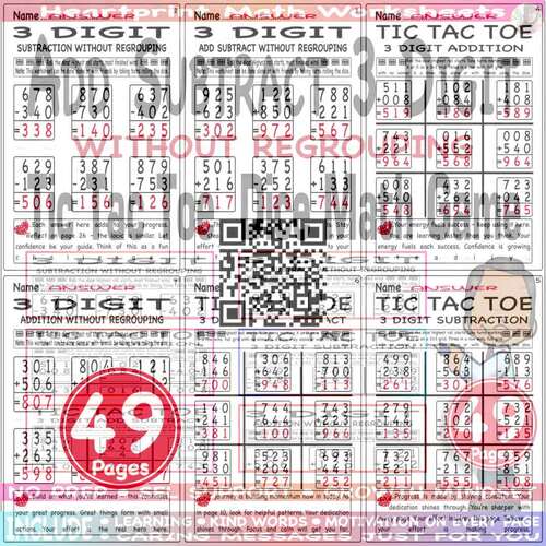 3 Digit Addition and Subtraction Without Regrouping | Tic Tac Toe Dice ...