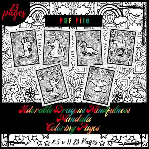 Adorable Dragons Mindfulness Mandala Coloring Pages, Printable Sheets PDF