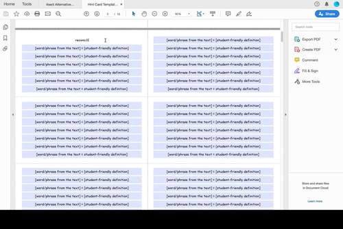 Hint Cards Template (For In-Text Vocabulary) - You add the Terms ...