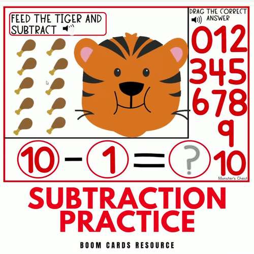 Subtraction to 10 Boom Cards. Feed the animals. by Monster's Chest