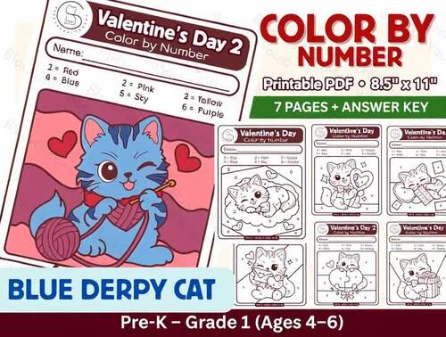 Blue Derpy Cat Valentine's Day | Color by Number | Pre-K – Grade 1