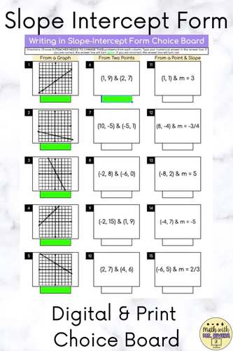 Writing Equation Slope Intercept Form Digital & Printable Choice Board ...