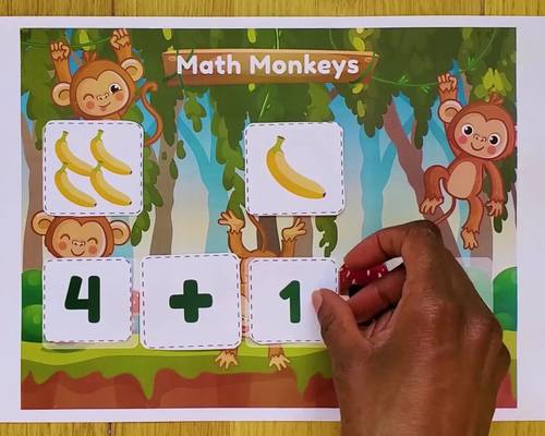 Monkey Addition and Subtraction Worksheet for Kindergarten, 1st Grade Math