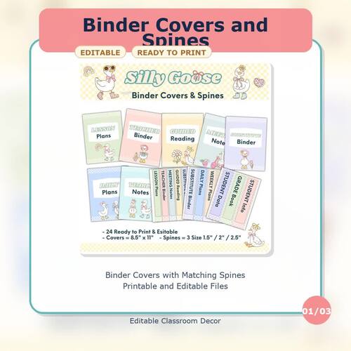 Silly Goose Binder Covers & Spines | Pastel Groovy Decor by BABYDELL ART