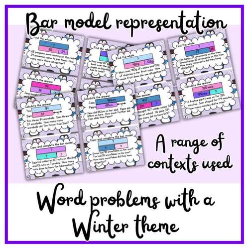 2nd Grade Winter Add and Subtract Bar Model Problem Task Cards for Math ...