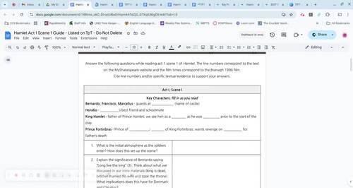 Hamlet Reading Guides with Answer Keys for the Entire Play - 250+ Questions