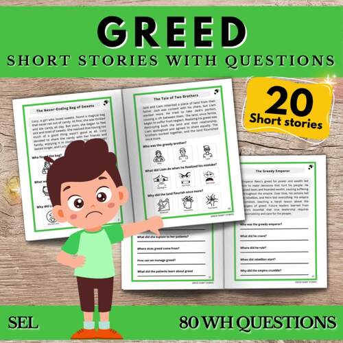 Greed 20 Short Stories W/ WH Open Questions Autism Reading Worksheet ...