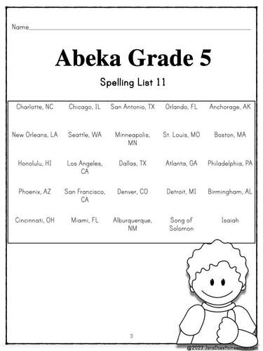 Abeka Spelling, Vocabulary & Poetry 5 - 5th Ed - List 11 - American Cities
