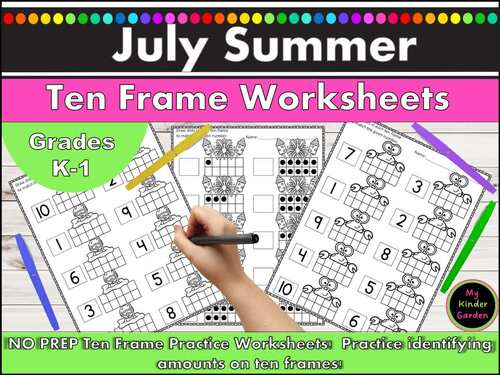July Summer Ten Frame Worksheets Count and Draw Count and Write 1-10