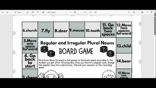 Regular and Irregular Plural Nouns Board Game (Regular and Irregular ...
