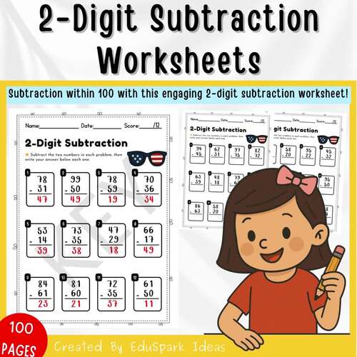 2-Digit Subtraction Worksheets | Grade 1-2 Math | Subtraction Within 100