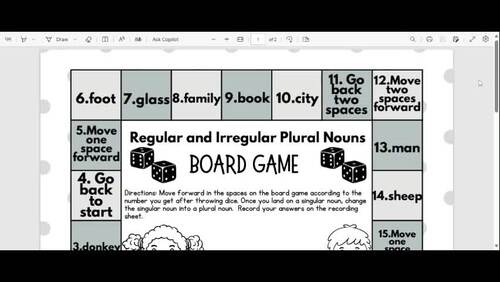 Regular and Irregular Plural Nouns Board Game(Regular & Irregular ...