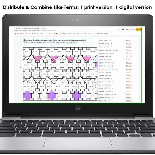Distribute and Combine Like Terms Color by Number Distance Learning