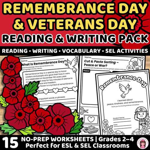 Remembrance Day & Veterans Day Worksheets | Reading & Writing, SEL ...