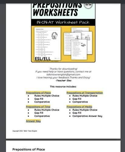 Prepositions of Place, Time, Transport, Media PDF Worksheets IN ON AT ...