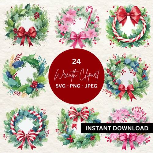 Christmas Wreath Clipart Bundle, Watercolor Christmas Clip Art PNG SVG JPEG