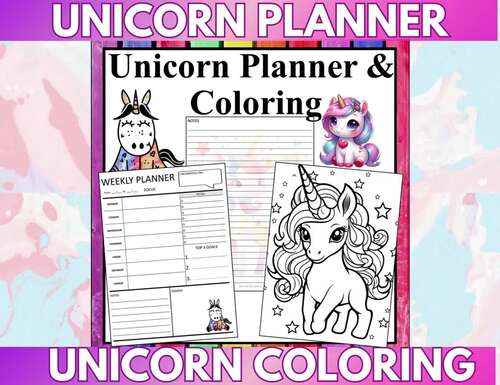 Unicorn Weekly Planner Journal and Unicorn Theme Coloring Set | TPT
