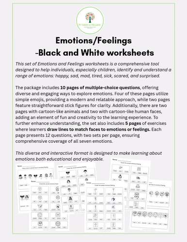 Feelings and Emotions Worksheets set-Multiple choice & draw a line ...