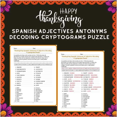 Spanish Adjectives Antonyms Decoding Cryptograms Puzzle Thanksgiving