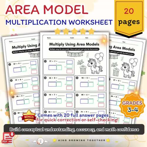 Area Model Multiplication | 2-Digit × 1-Digit (Level 2) for Grades 3–4